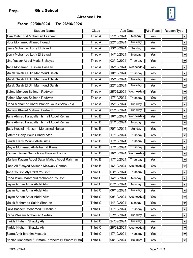 3rd Prep G Absence With Excuse For Years' Work From 22-9-2024 To 23-10-2024 | PDF