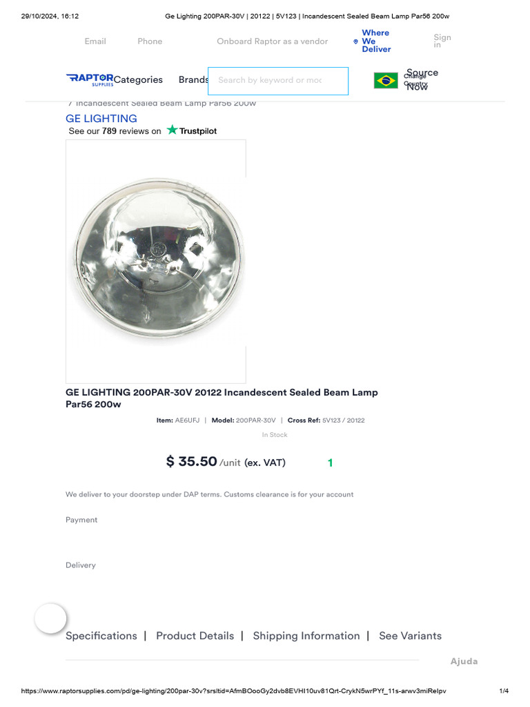 Ge Lighting 200PAR-30V - 20122 - 5V123 - Incandescent Sealed Beam Lamp ...