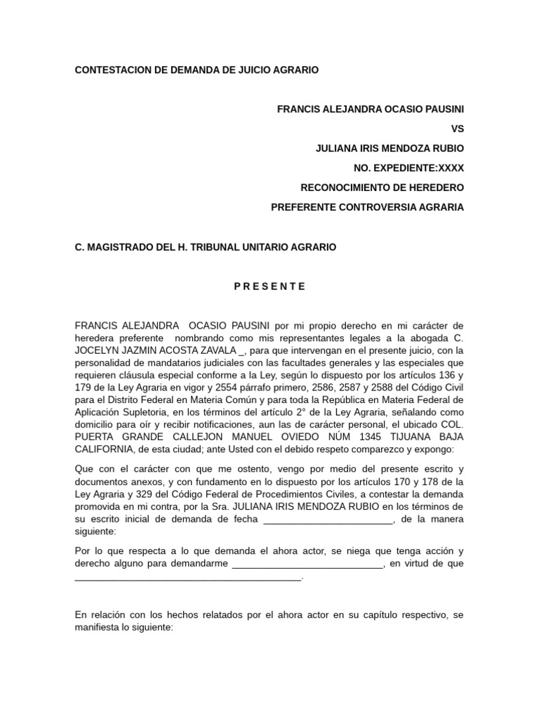 Contestacion de Demanda Agraria | PDF | Demanda judicial | Justicia