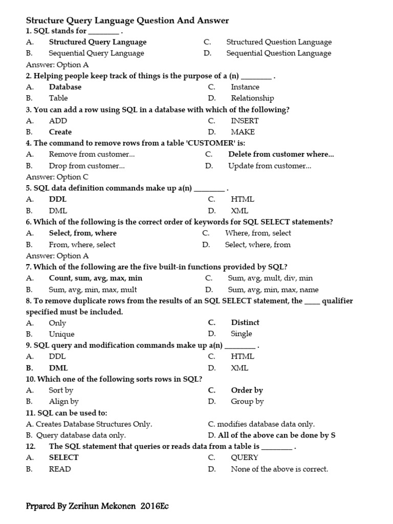 SQL Questions and Answers Guide | PDF | Database Index | Relational ...