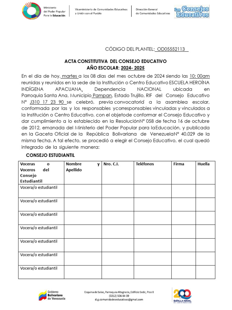 Acta Constitutiva Del Consejo Educativo Año Escolar 2024-2025 | PDF | Documento de identidad ...