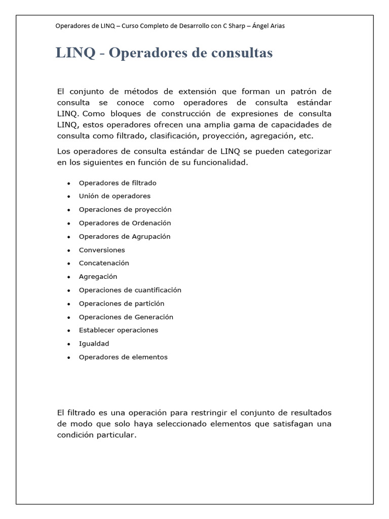 087 Operadores-de-LINQ | PDF | Consulta integrada de idiomas | Programación de computadoras