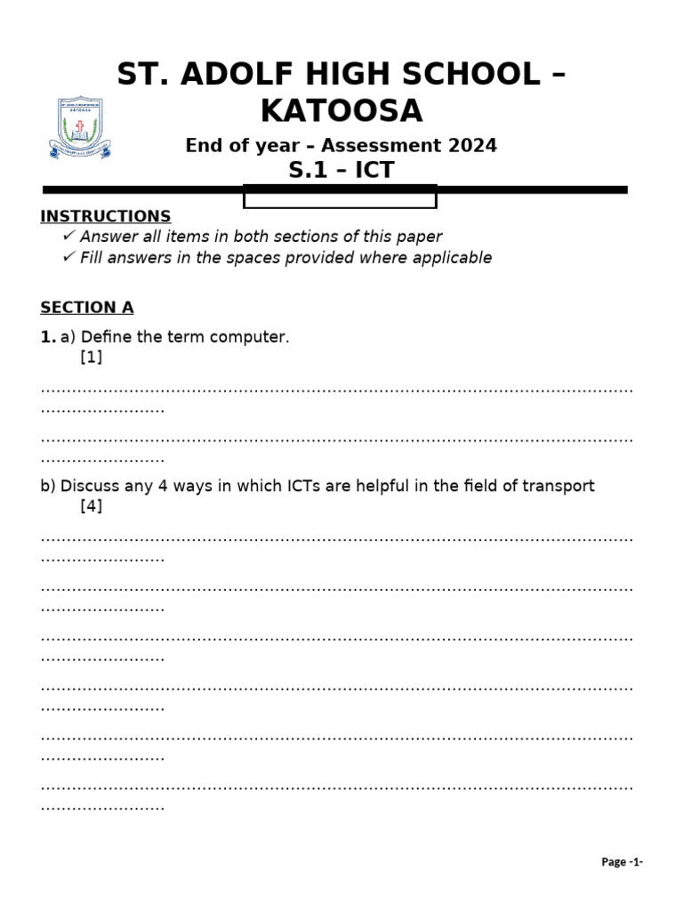 S.1 ICT Exam Paper 2024 | PDF | Technology & Engineering