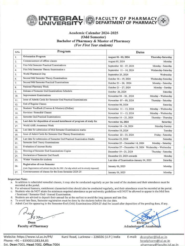 Academic Calendar Faculty of Pharmacy 2024 2025 | PDF