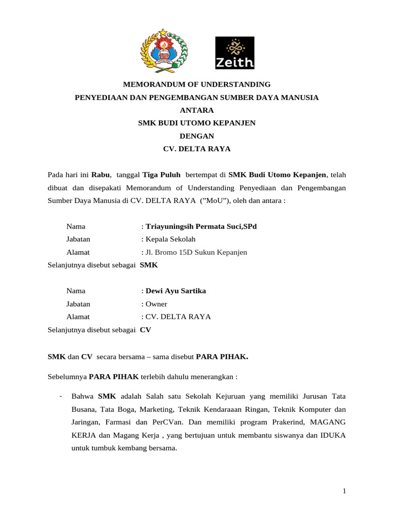 MoU Magang SMK dan CV Delta Raya | PDF | Karier & Perkembangan ...