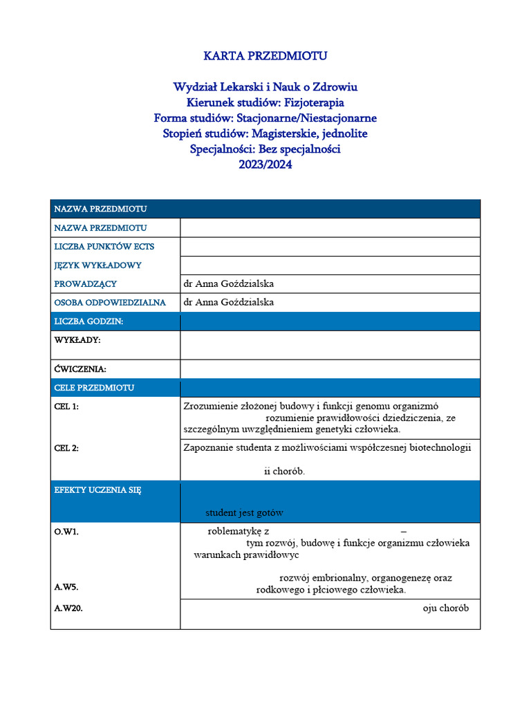 Karta Przedmiotu 23-24 Genetyka Ss-nn-1 | PDF
