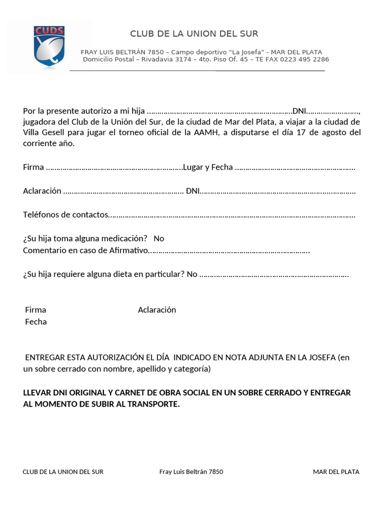 Autorizacion Viaje V Gesell Torneo 2024 | PDF | Cocina, comidas y vino