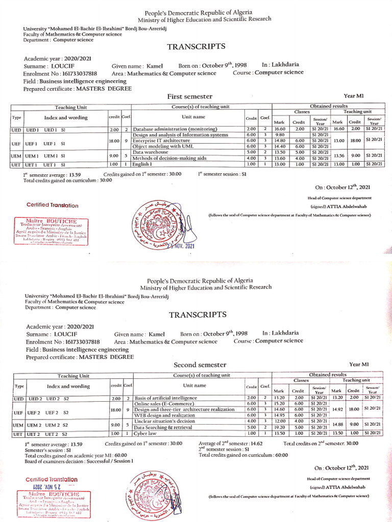 Transcript of Records Master Degree First Year | PDF