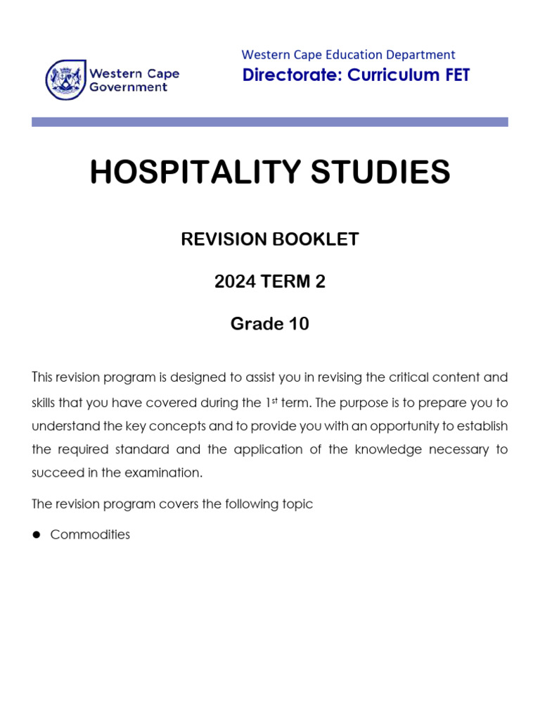 Hospitality Studies Grade 10 Revision Material Term 2 2024 | PDF | Milk ...