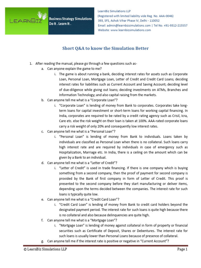 Short Q&A To Know The Simulation Better Bank On Us | PDF | Banks | Loans