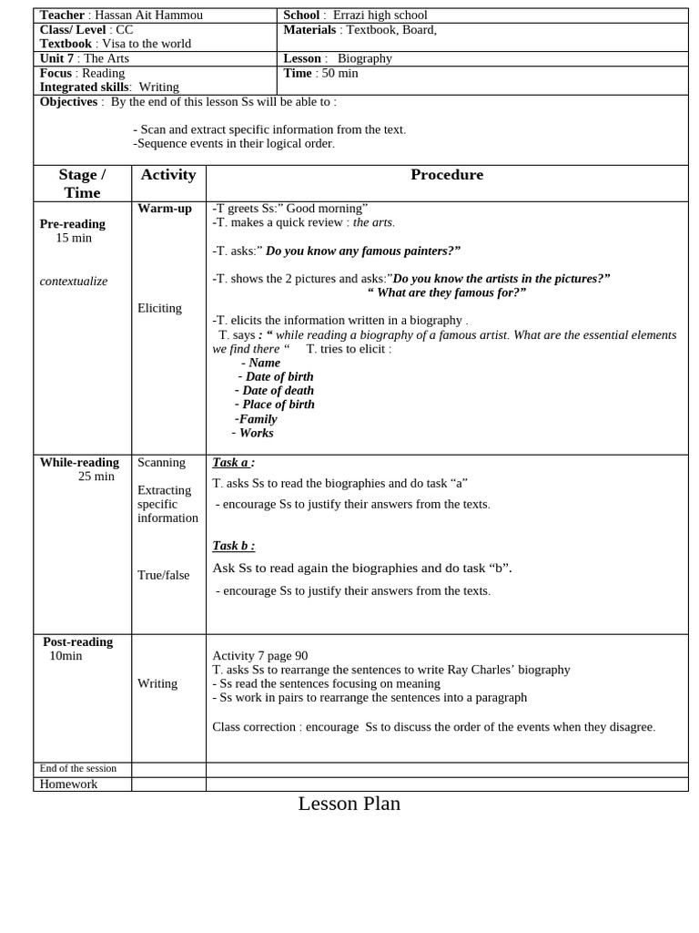 VISA U7 Lesson Plan Reading Biography CC | PDF | Lesson Plan | Cognition