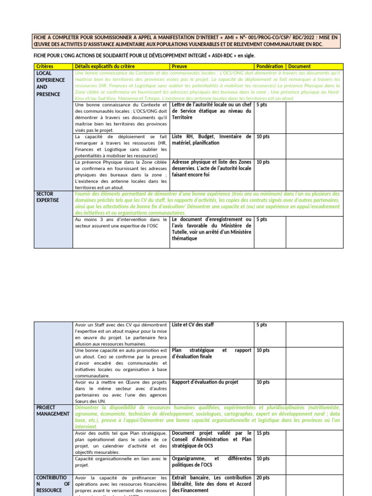 Fiche A Completer Pour Soumissionner A Appel A Manifestation de Wep ...