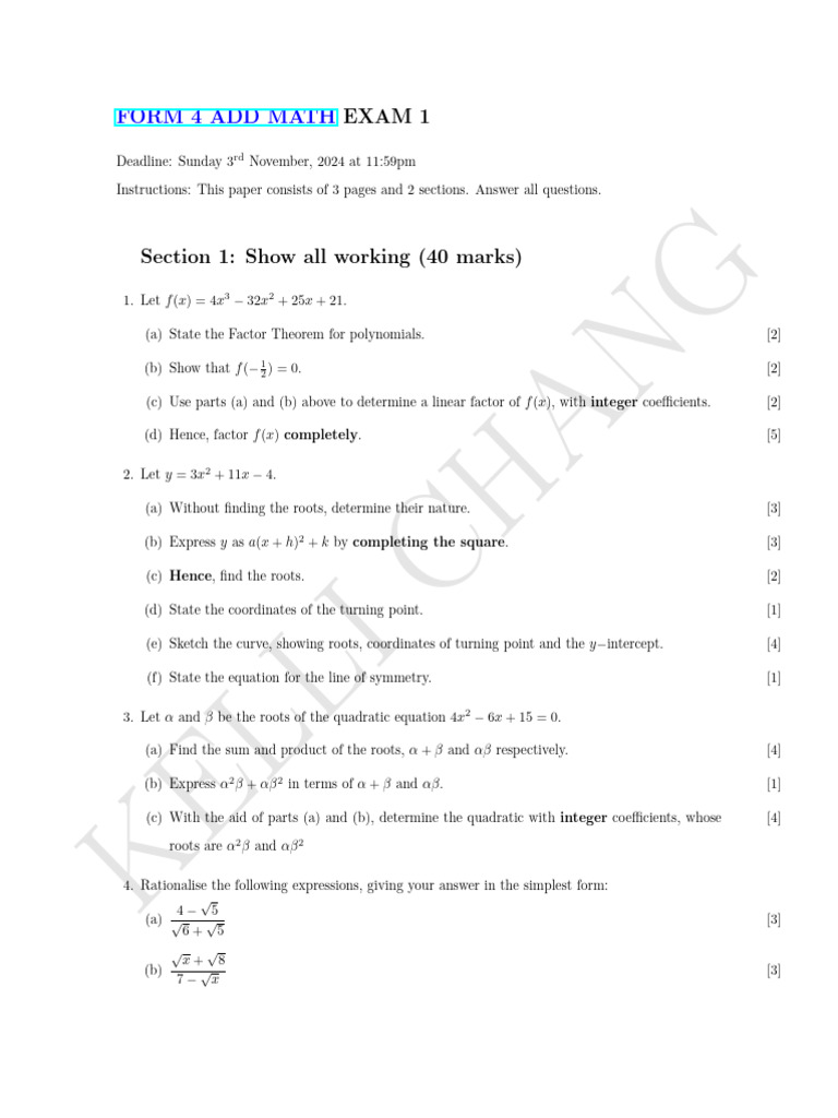 F4 Add Math Exam 1 MC With Graphs | PDF | Factorization | Discrete ...