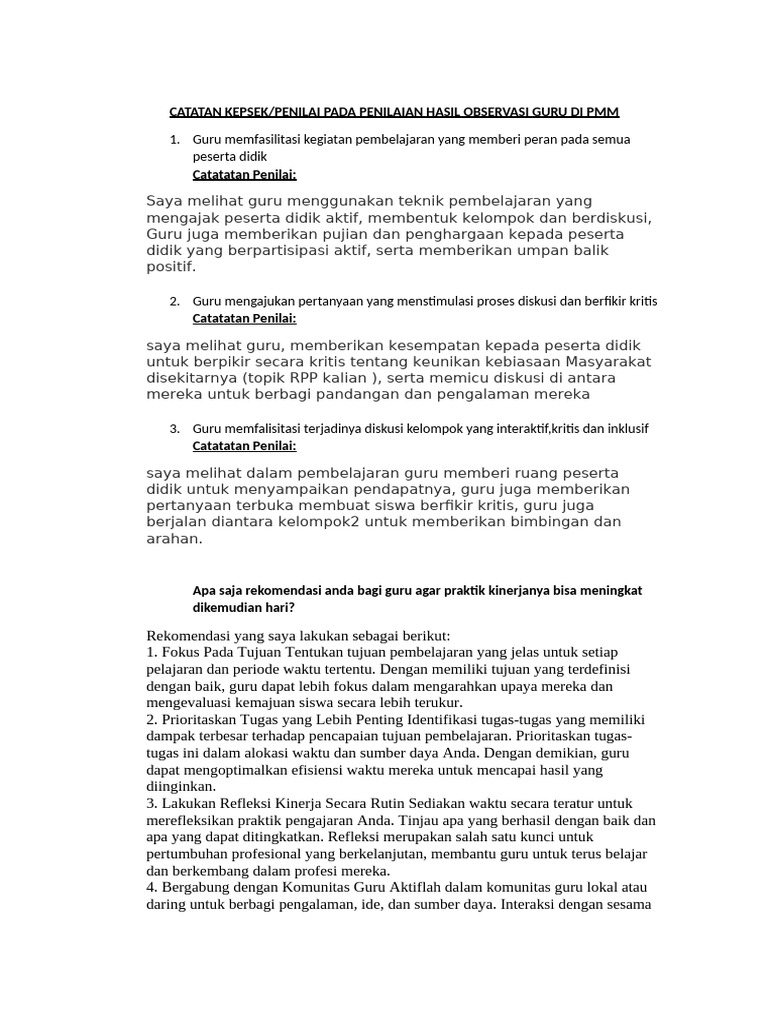 Catatan Kepsek-Penilai Pada Penilaian Hasil Observasi Guru Di PMM | PDF