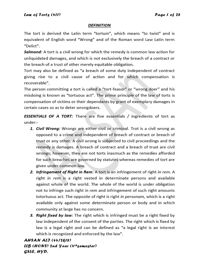 Law Of Torts Pdf Defamation Damages
