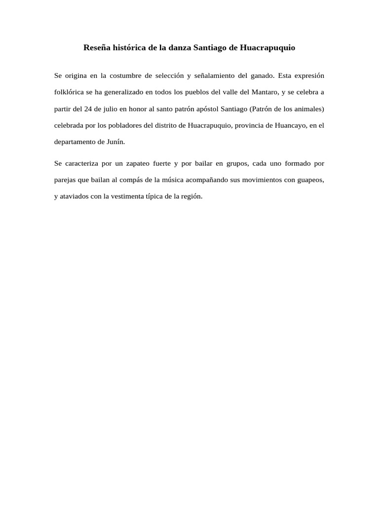 Reseña Histórica De La Danza Santiago De Huacrapuquio Pdf