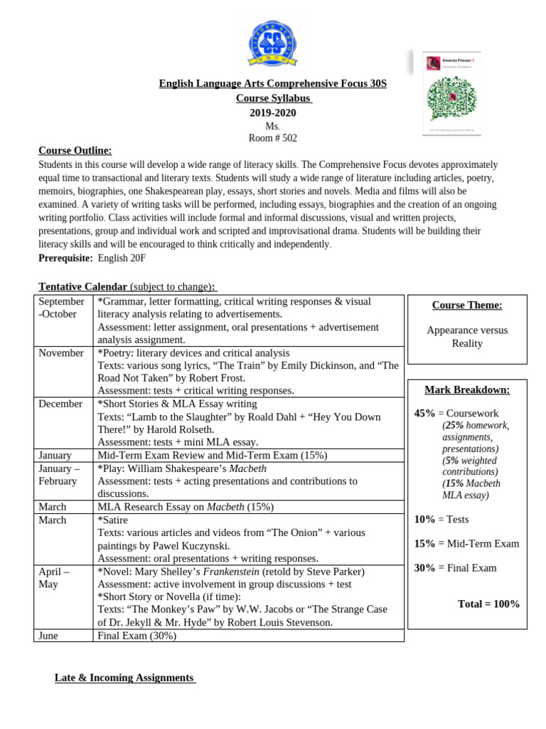 ELA30S Course Syllabus 2019-2020 | PDF | Plagiarism | Classroom