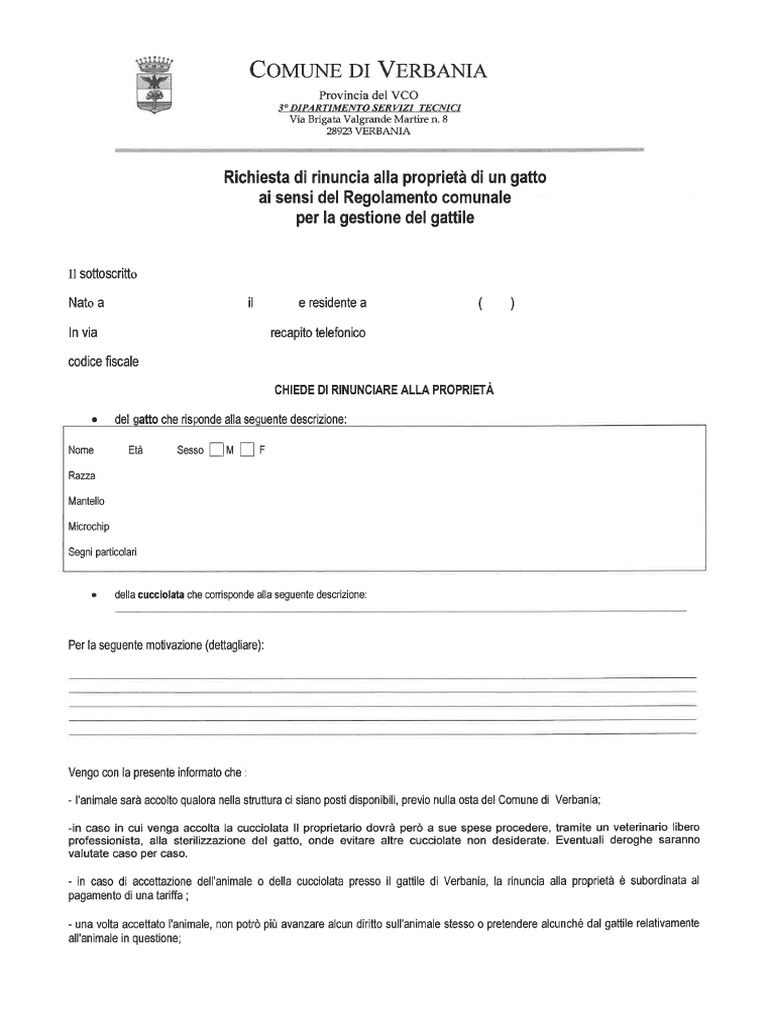 modello+rinuncia+alla+propriet%C3%A0+di+un+gatto | PDF