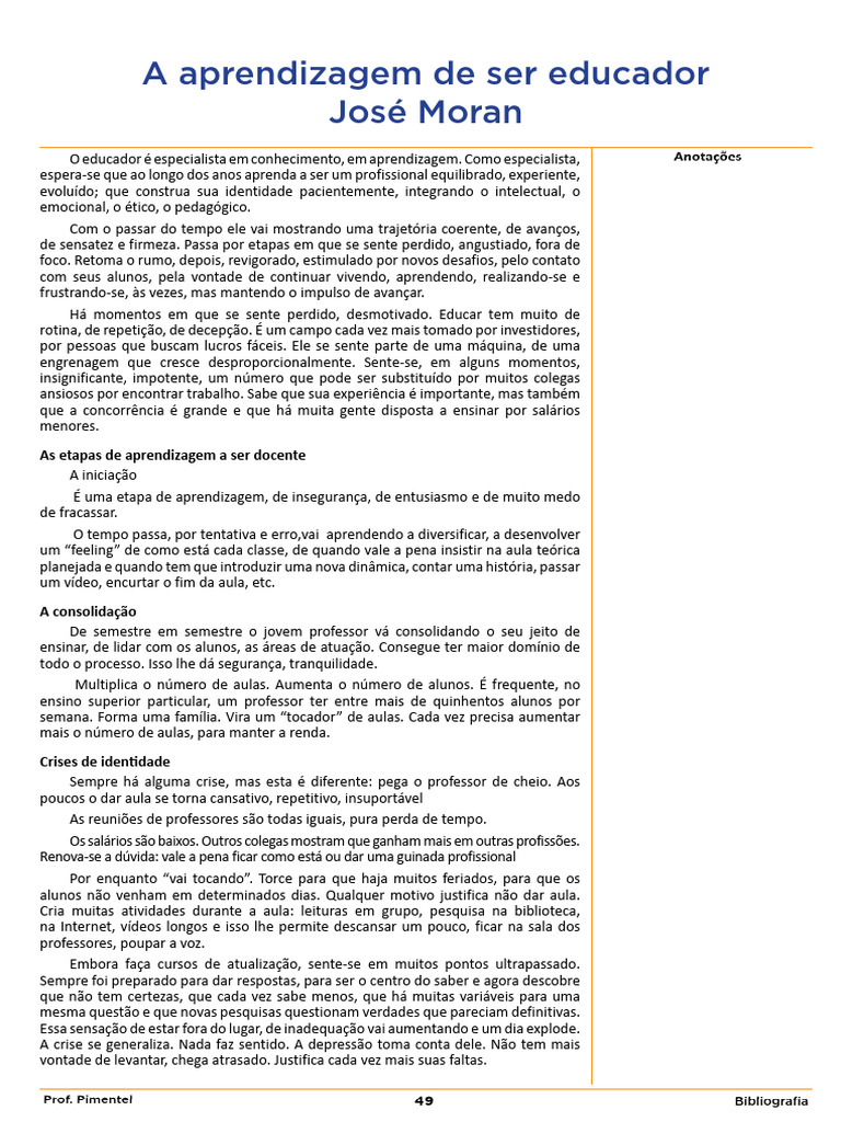 A Aprendizagem de Jose Moran | PDF | Aprendizado | Pedagogia