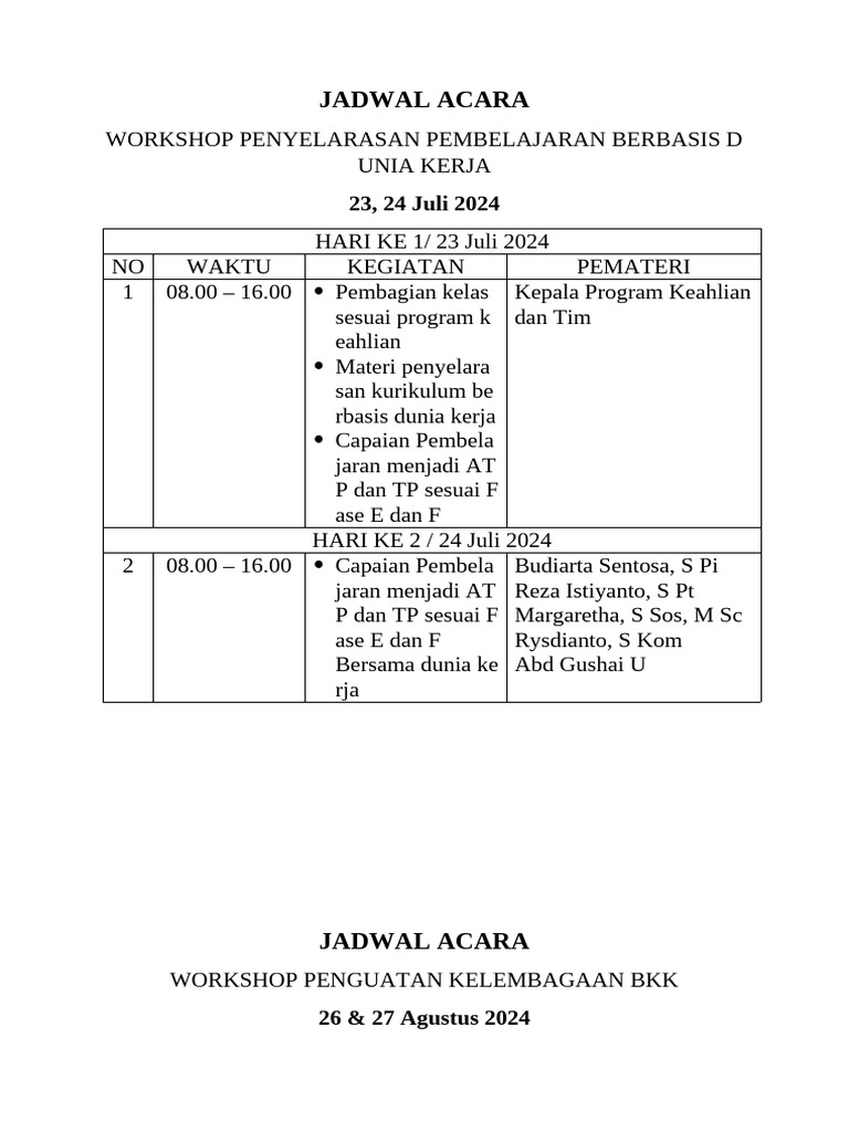 Jadwal Workshop Pendidikan 2024 | PDF