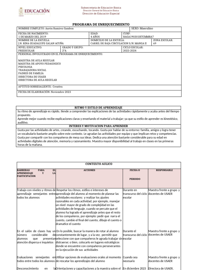 3 Formato de Programa de Enriquecimiento 2023 Aaron | PDF | Salón de clases | Enseñando