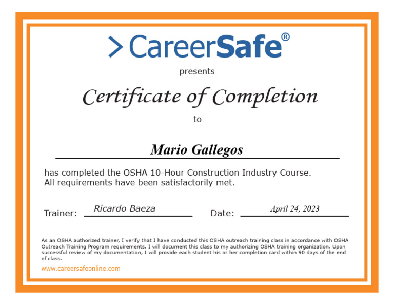 Certificate of Completion: Careersafe | PDF
