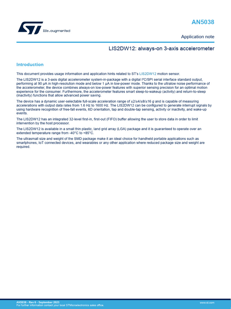 An5038 Lis2dw12 Alwayson 3axis Accelerometer Stmicroelectronics | PDF | Input/Output | Bandwidth ...