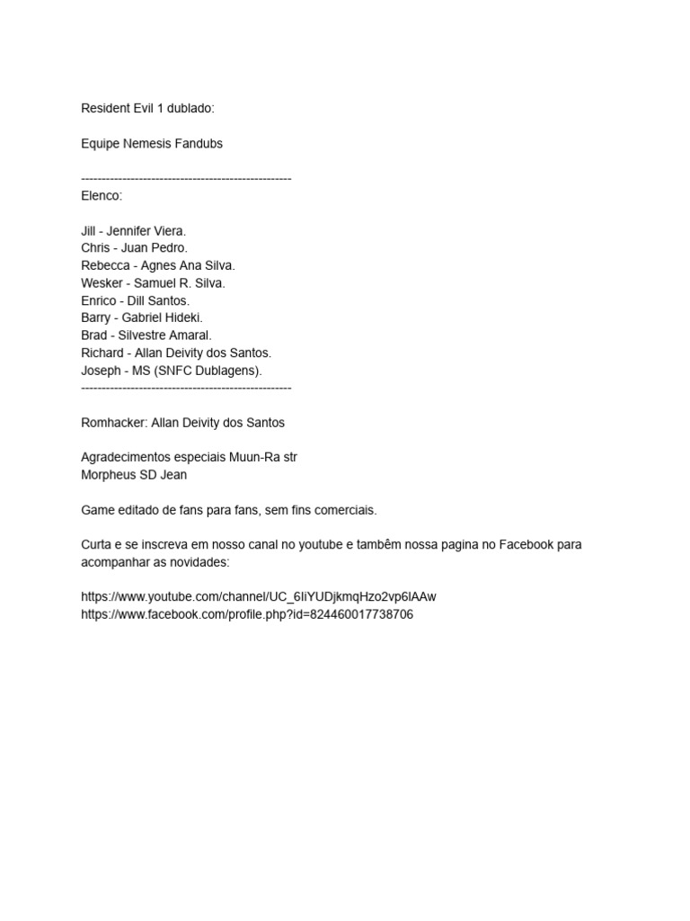 Leia Me Resident Evil 1 Dublado Nemesis Fandubs | PDF