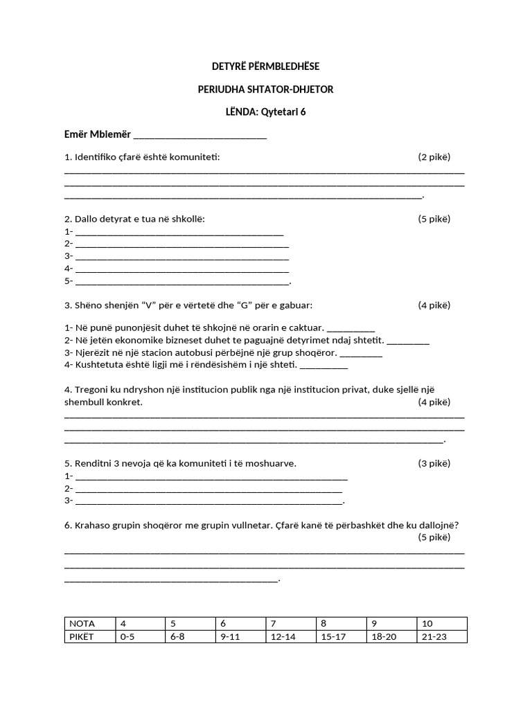 Qytetaria 6 - Detyre Permbledhese 2023-2024 2 | PDF