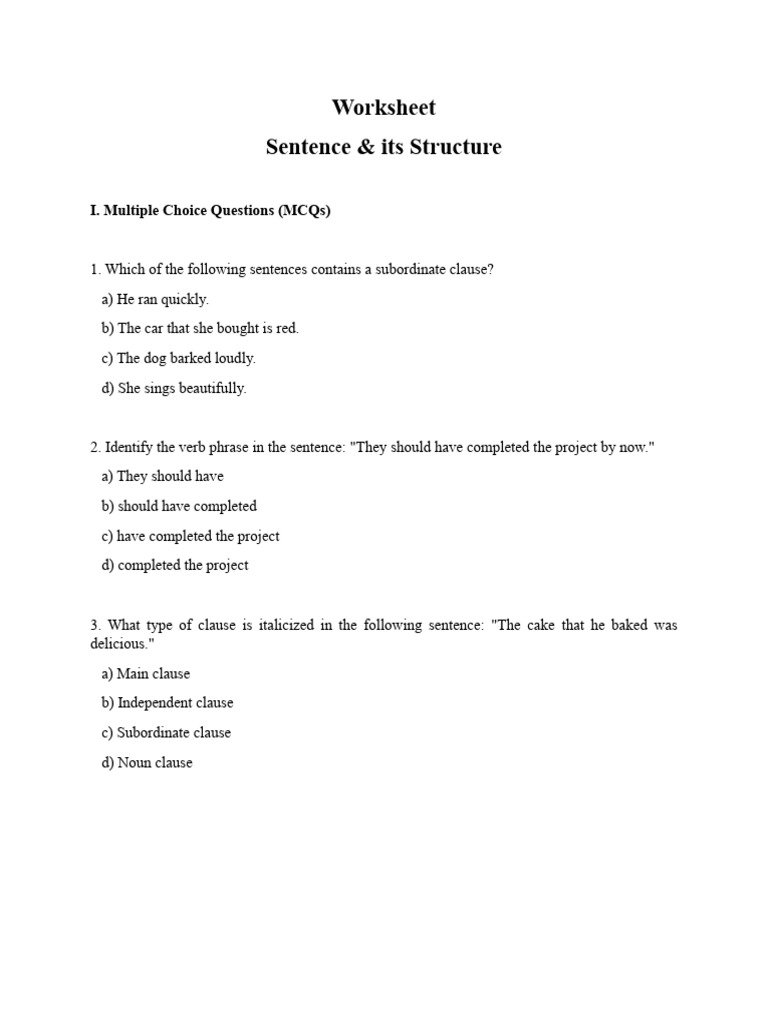 Worksheet (Sentence & Its Structure) | PDF | Verb | Clause