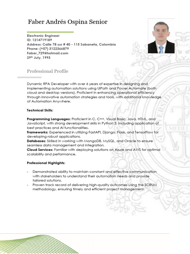 Faber - Ospina - CV - English RPA | PDF | Automation | Python (Programming Language)
