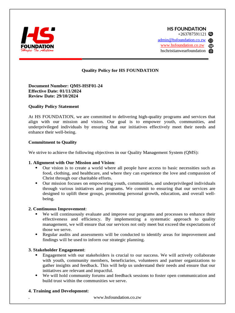 QMS-HSF01-24 Policy | PDF | Risk Management | Sustainability