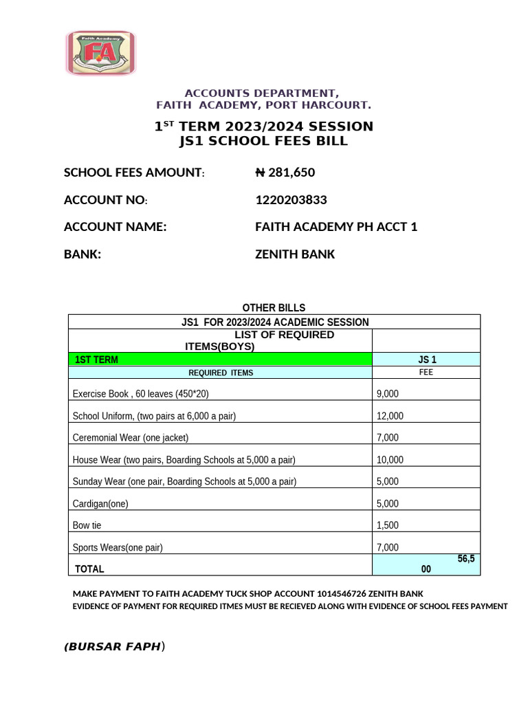 1ST Term School Fees JS1 (Boys) 2023-2024 | PDF
