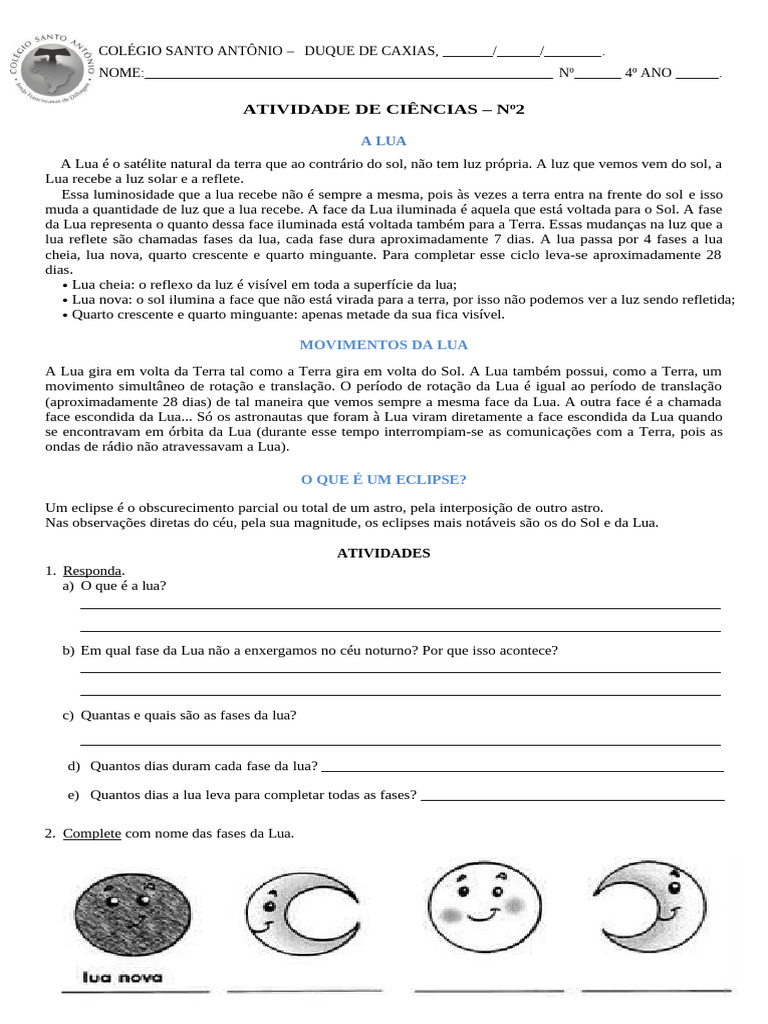 Atividades sobre a Lua - 4º Ano | PDF | Lua | Sol