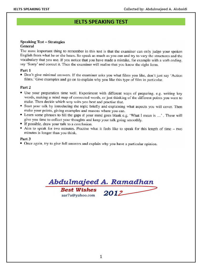 Ielts Speaking Test | PDF | International English Language Testing ...