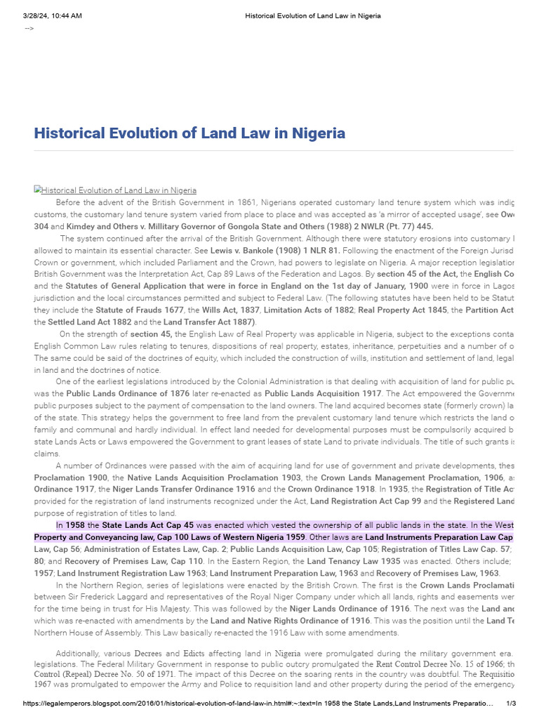 Evolution of Land Law in Nigeria | PDF | Common Law | Governance