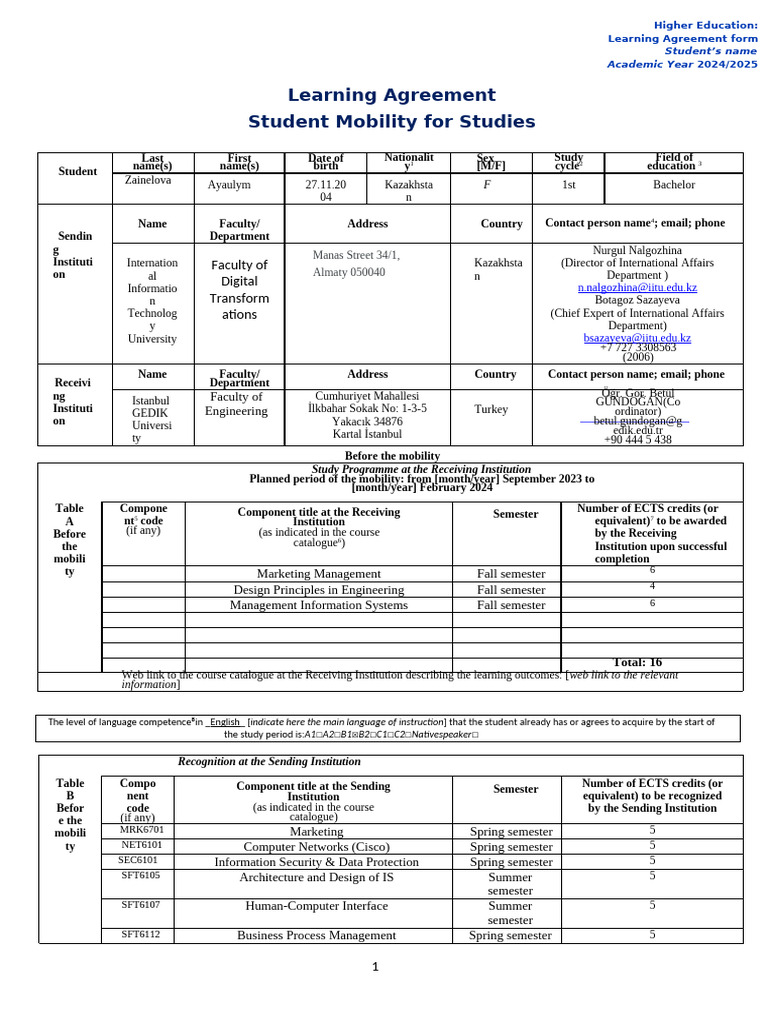 Learning Agreement Iitu 24-25 | PDF | Academic Degree