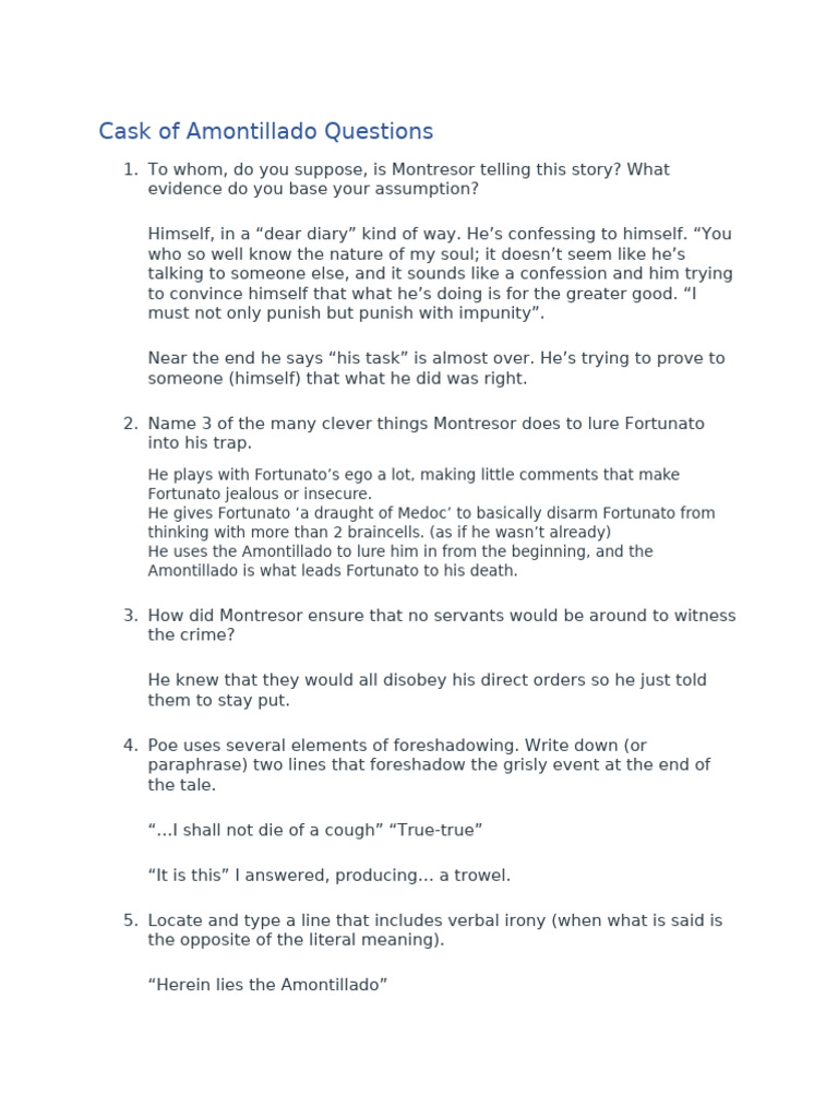 Cask of Amontillado Questions | PDF