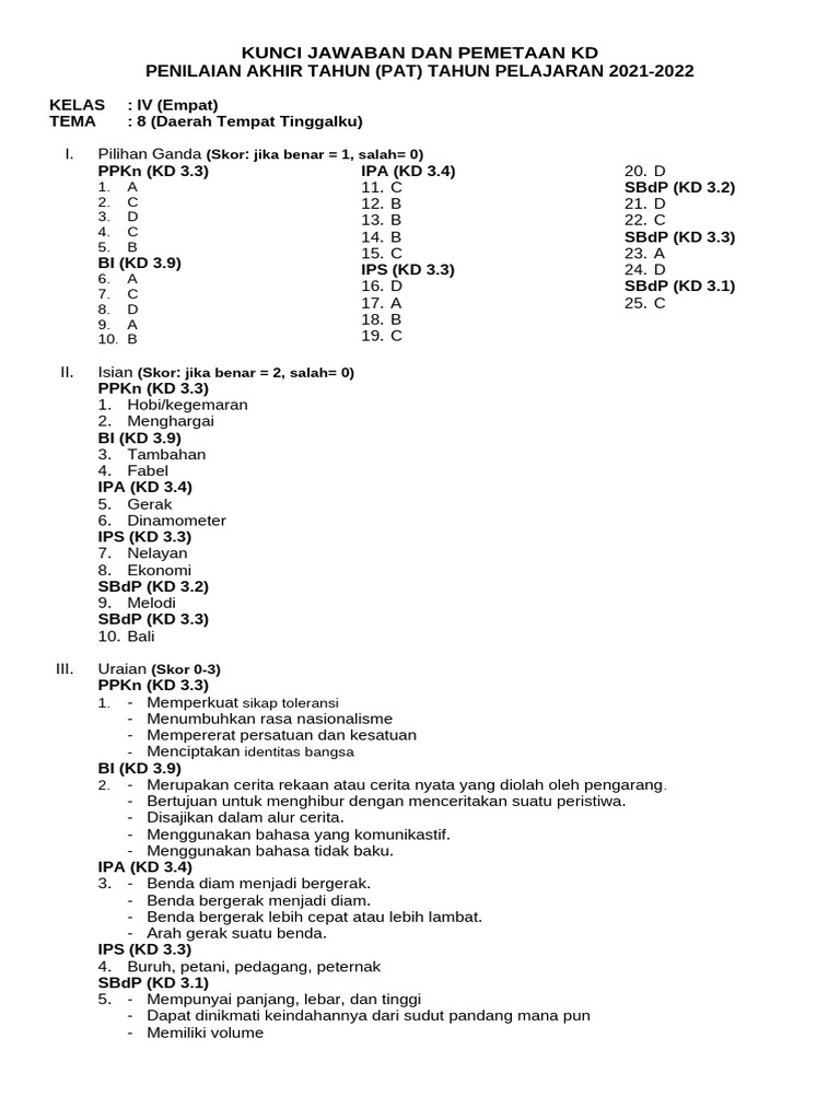 Kunci Jawaban & Pemetaan KD Pat Kelas 4 Tema 8 | PDF