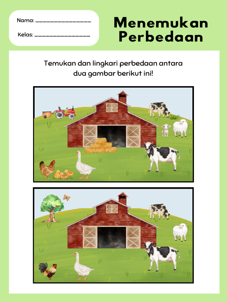 Lembar Kerja Menemukan Perbedaan Tema Binatang Ternak Watercolor Hijau Putih | PDF | Game ...