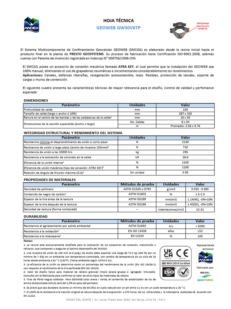 Hoja Técnica del GEOWEB GW30V6 | PDF