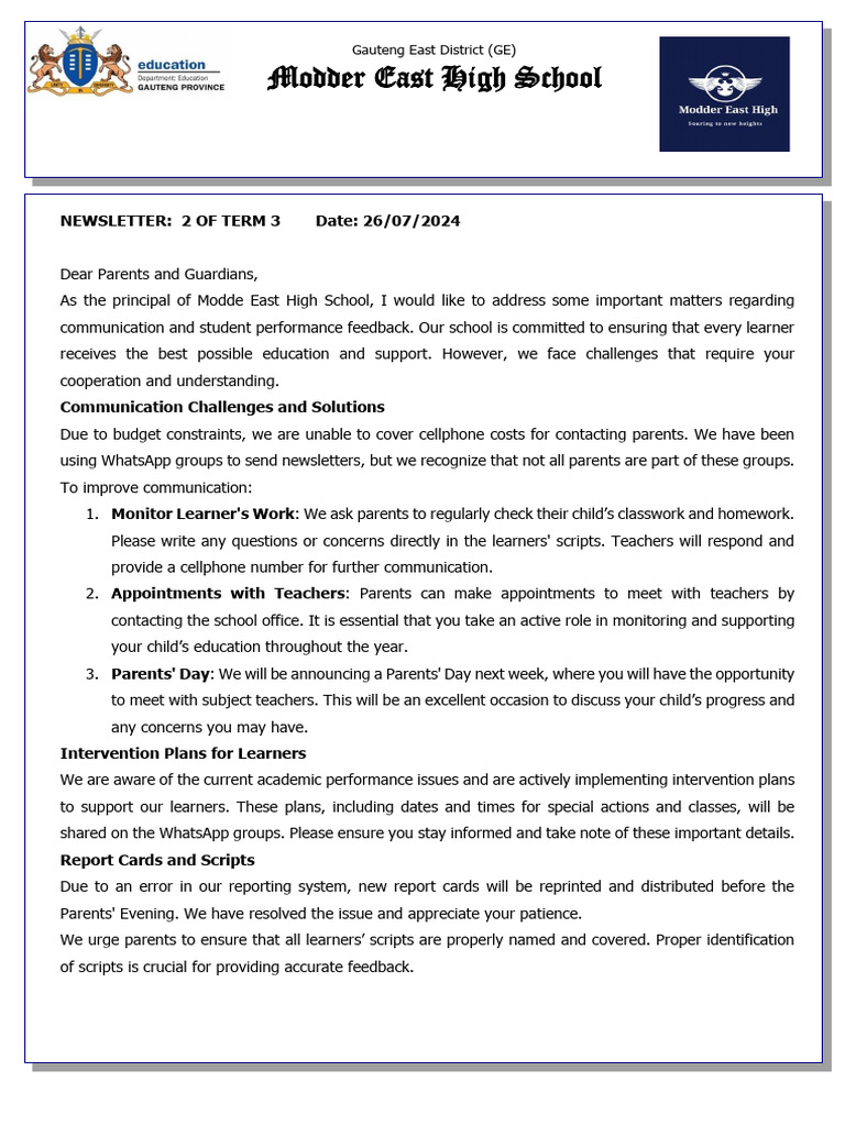 Modder East High School Term 3 Newsletter | PDF | Communication