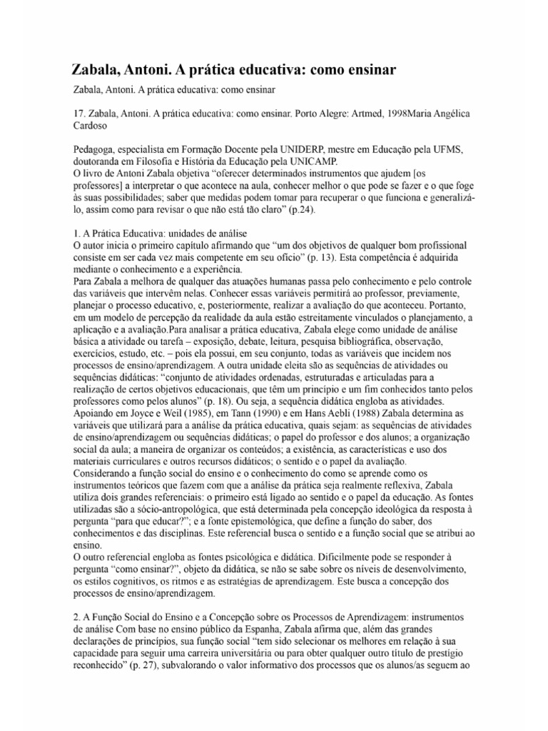 Resenha Zabala - Antoni A Prática Educativa Como Ensinar | PDF