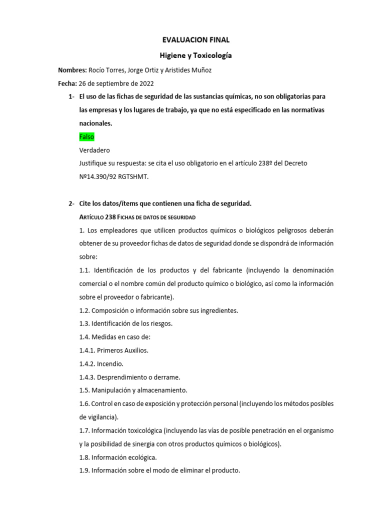 Eval. Final Grupo 4 - 26 Sep 22 | PDF | Toxicidad