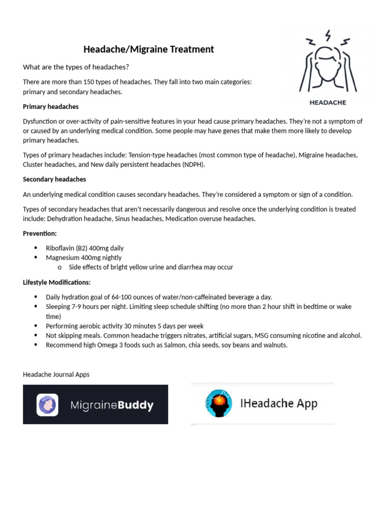 Headache - Migraine Handout | PDF