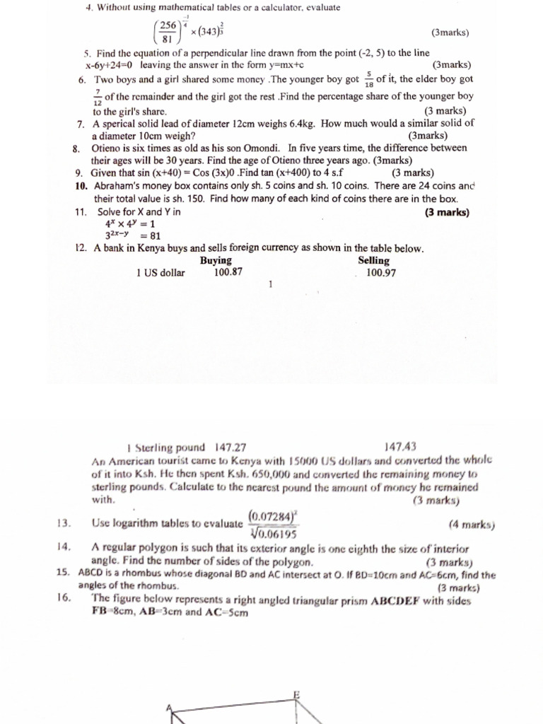Form 2 Mathematics August Ha | PDF