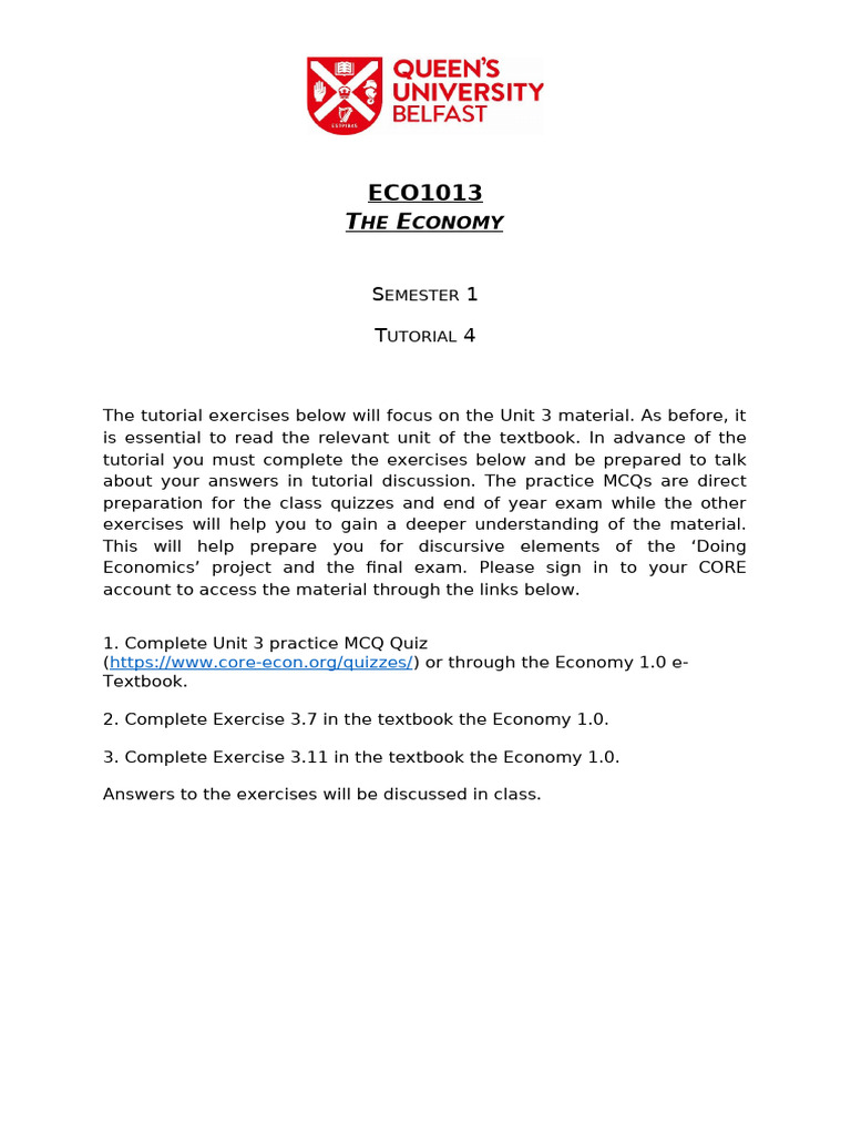 ECO1013 Tutorial 4 - Unit 3 | PDF