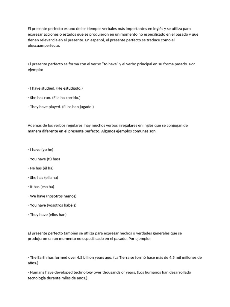 El Presente Perfecto y Ejemplos | PDF