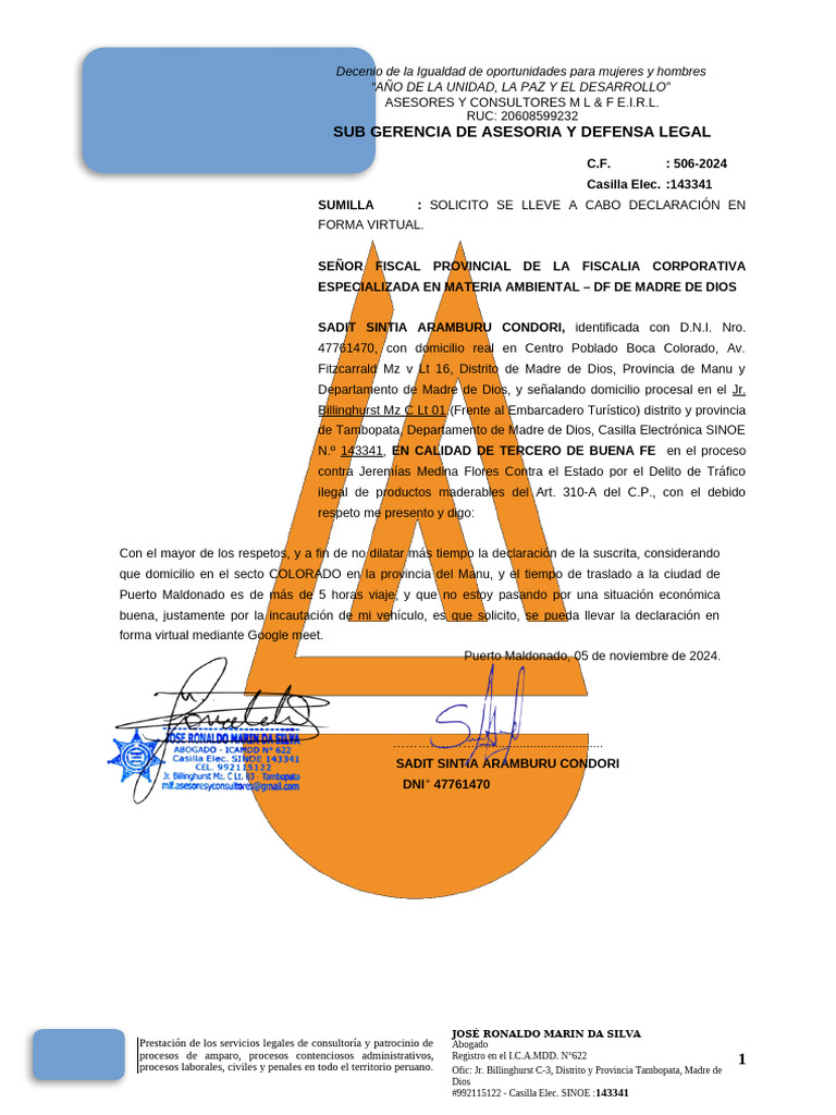 SOLICITO SE LLEVE A CABO DECLARACIÓN EN FORMA VIRTUAL - SADIT SINTIA ARAMBURU CONDORI | PDF ...