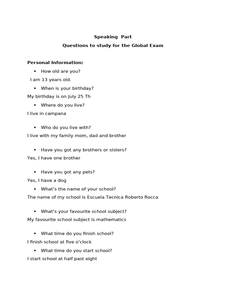 A1 Speaking Part - Questions For Students | PDF